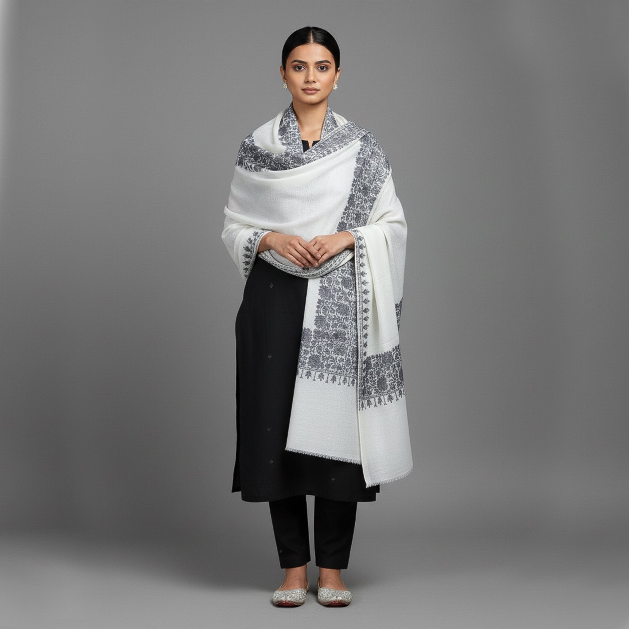 Embroidered Off White Winter Shawl – Amir Adnan - USA